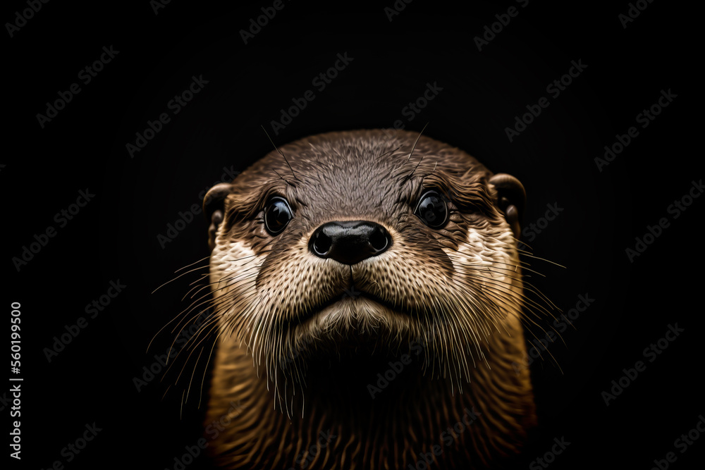 Cute otter portrait on black background. Otter face close up with copy ...