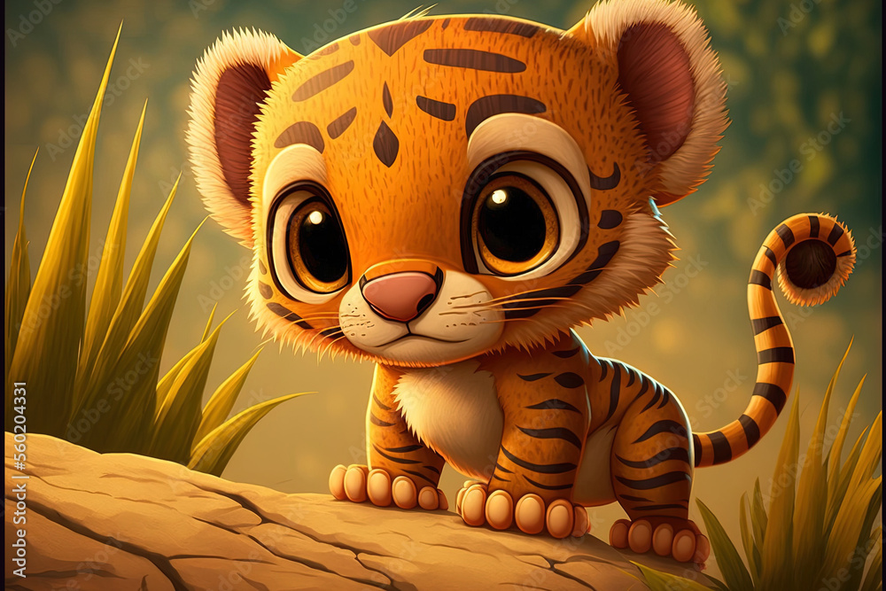 Cute tiger cub cartoon animation presented in a cartoony manner ...