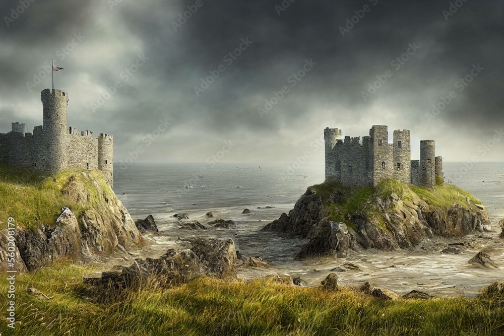 Old medieval castle illustration, ancient stone building architecture ...