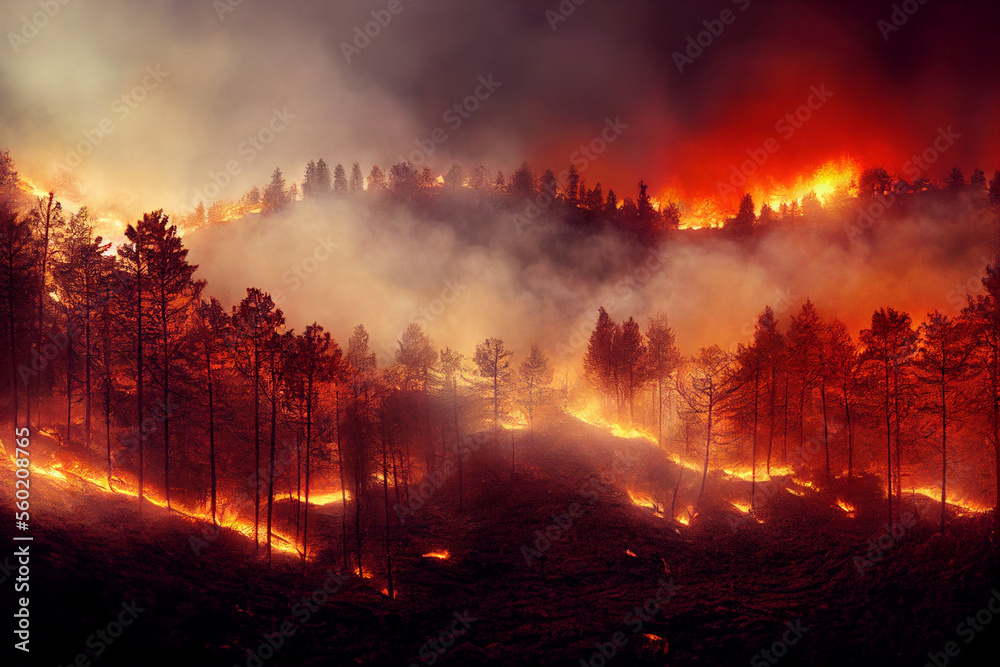 Forest fire disaster illustration, trees burning at night, wildfire ...