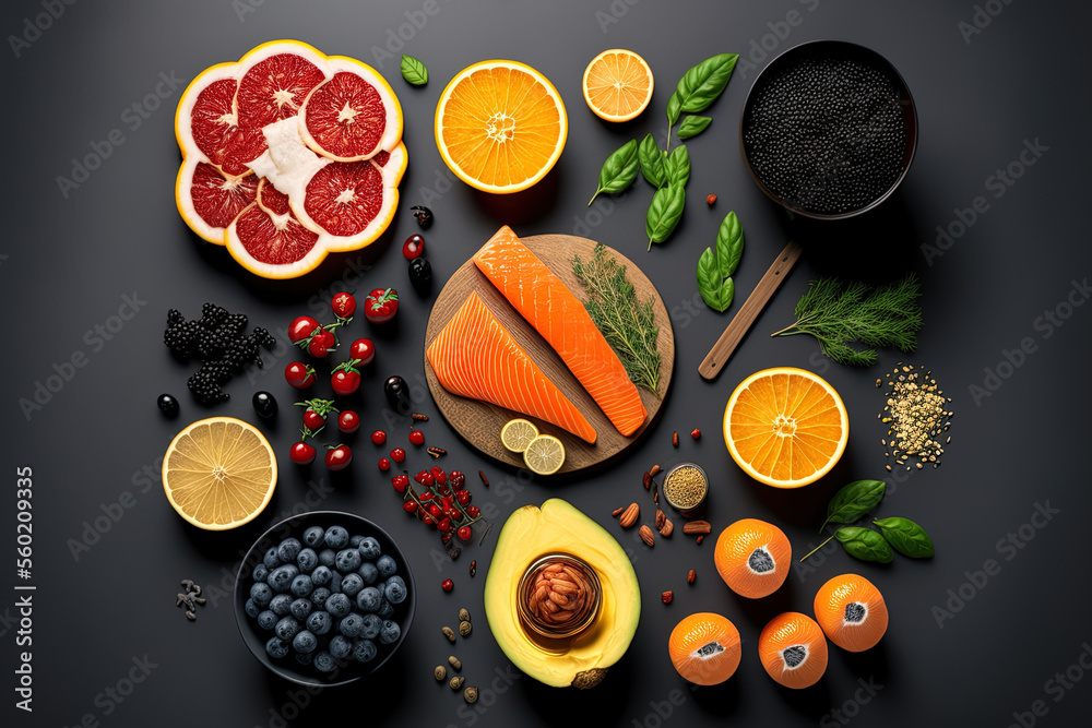 On a gray backdrop, an assortment of healthy foods. Concept of a clean ...