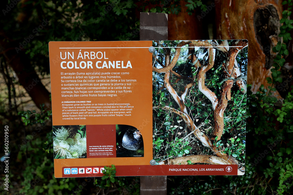 Sign in Los Arrayanes National Park with a description of the Arrayan ...
