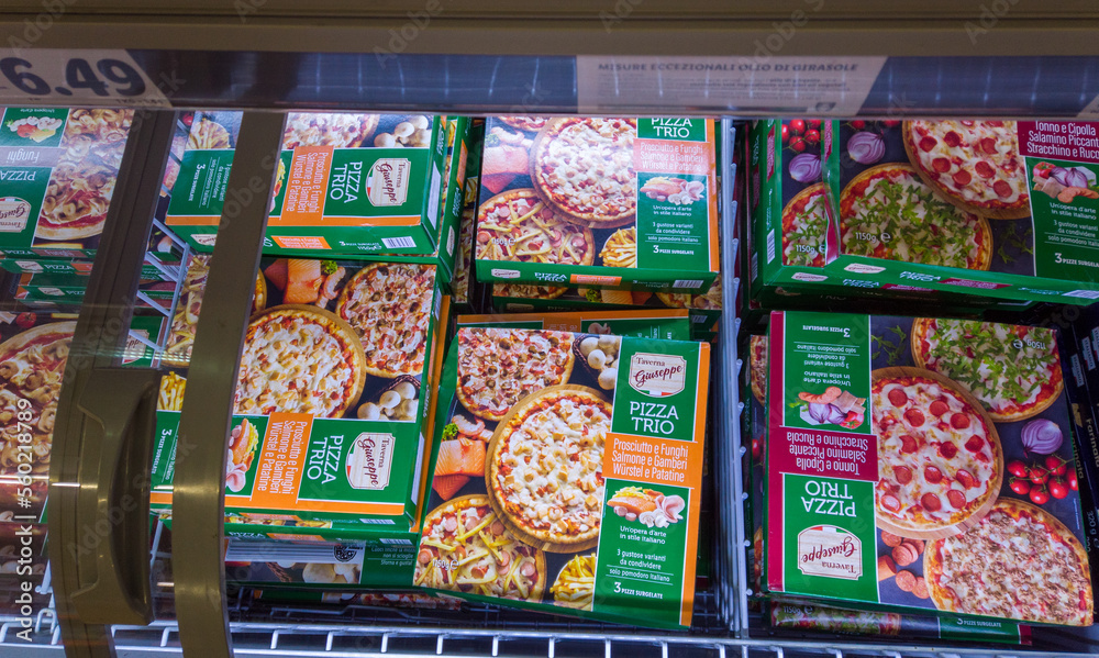 Italy - January 08, 2023: italian frozen precooked pizzas in cardboard ...