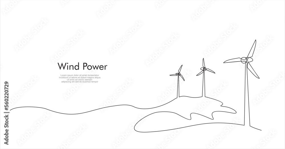 Wind energy in continuous line art drawing style. Wind turbines ...