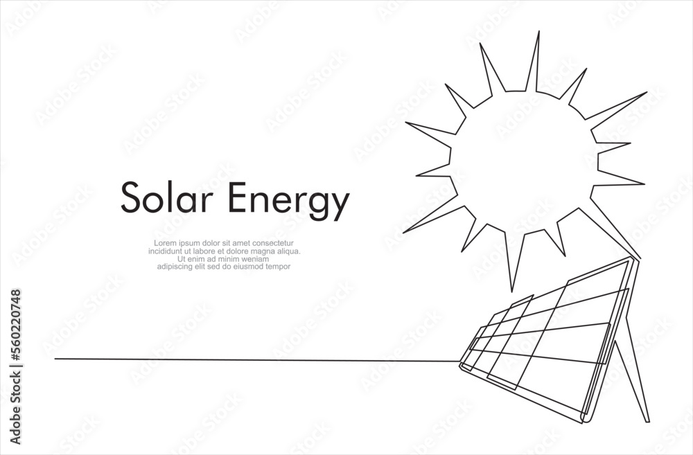 Solar energy in continuous line art drawing style. Solar panels facing ...