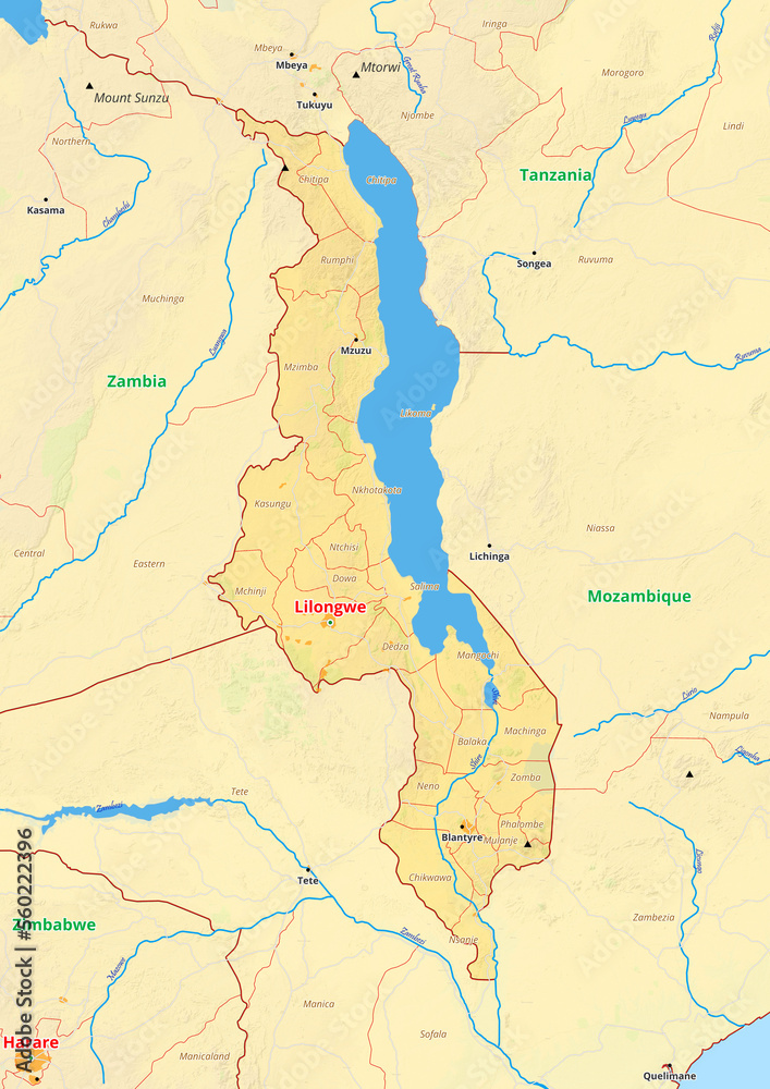 Malawi map with cities streets rivers lakes Stock Illustration | Adobe ...