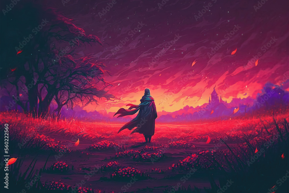 a samurai man standing in a big red field, cherry leaves flying around ...