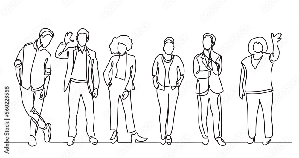 continuous line drawing of diverse group of standing people team ...