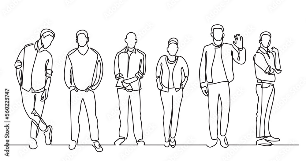 continuous line drawing of diverse group of standing people team ...
