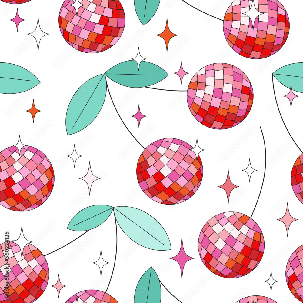 Seamless groovy pattern with cool mirror cherries. Hand drawn vector ...