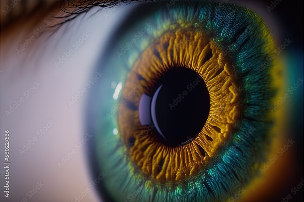 a close up of a yellow and blue eye with a black iris and a black ...