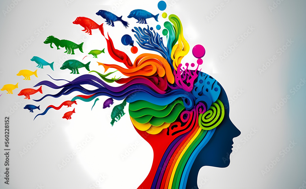concept of a colorful creative mind person, 2d face, white background ...