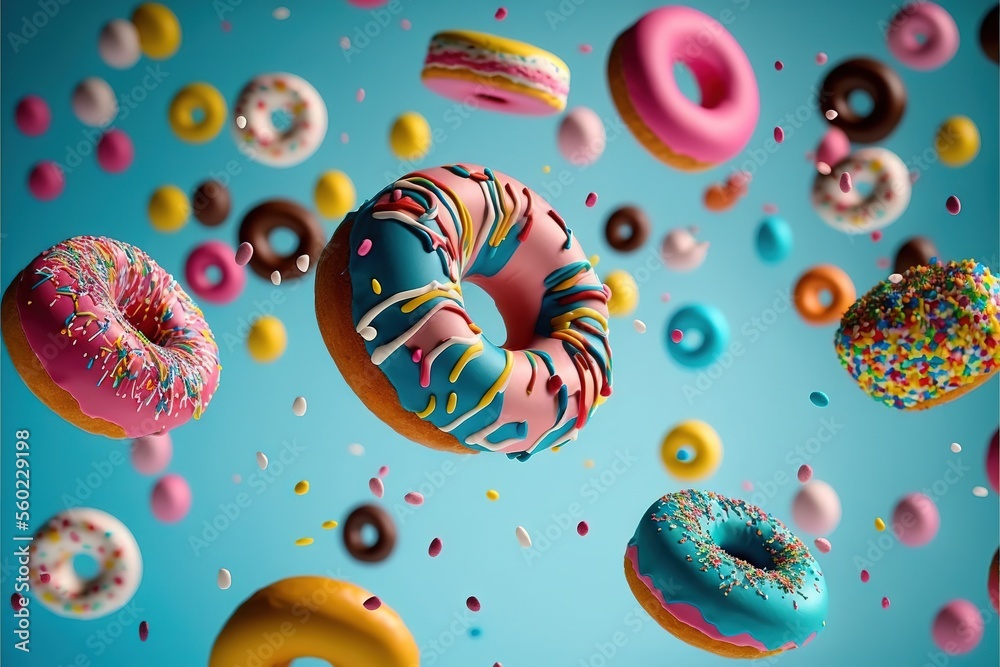 a bunch of donuts that are flying in the air with sprinkles on them and ...