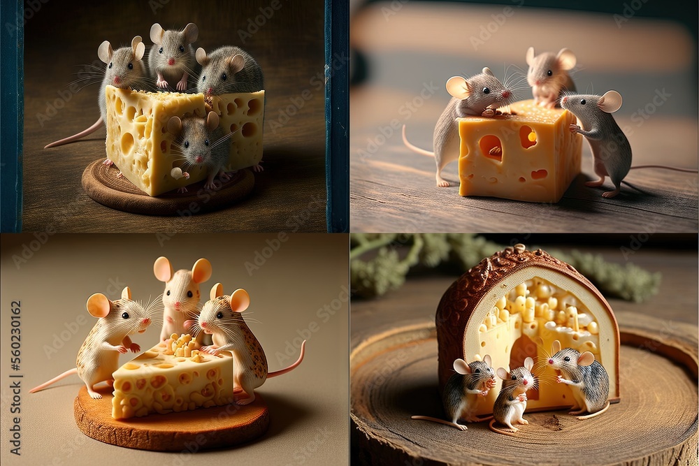 a group of mice eating cheese together in a miniature house and a mouse ...
