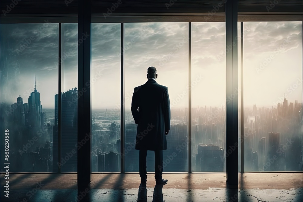 a man standing in front of a window looking out at a cityscape and ...