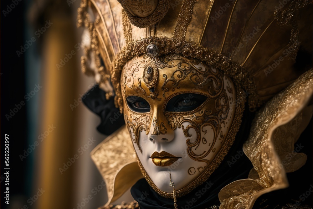 a close up of a mask with a gold and black design on it's face and a ...