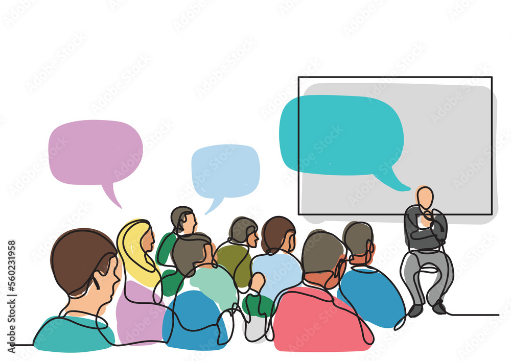 continuous line drawing attendees and presenter - PNG image with ...