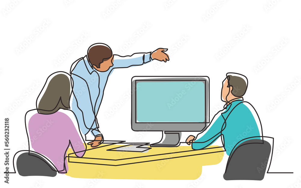 continuous line drawing business team members discussing work process ...