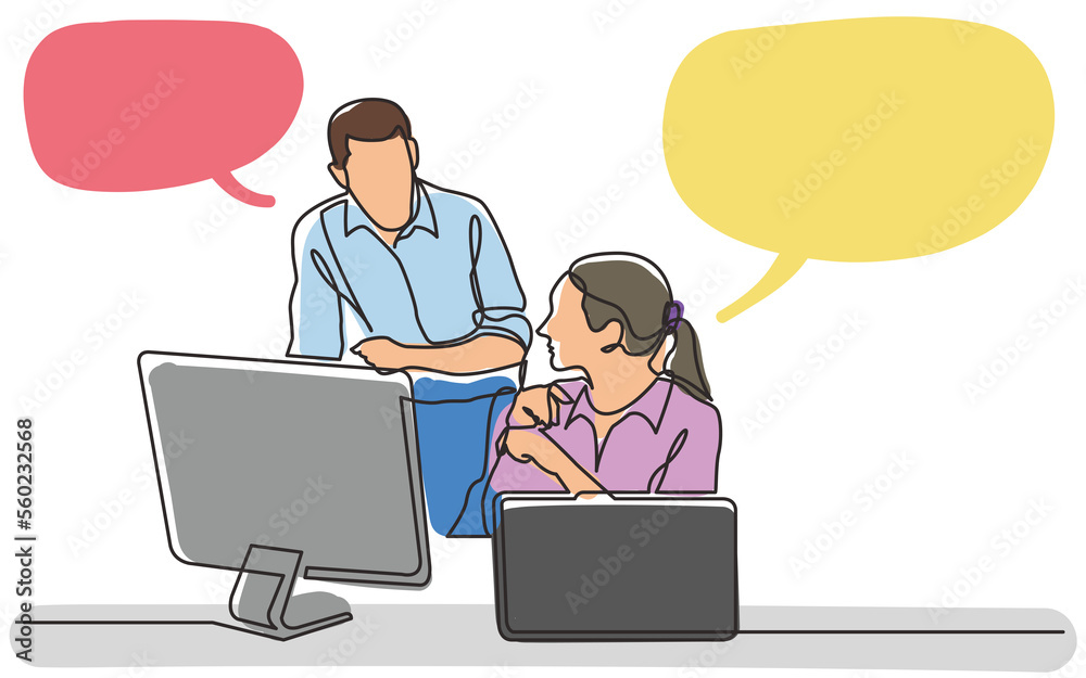 continuous line drawing office workers discussing problem professionals ...