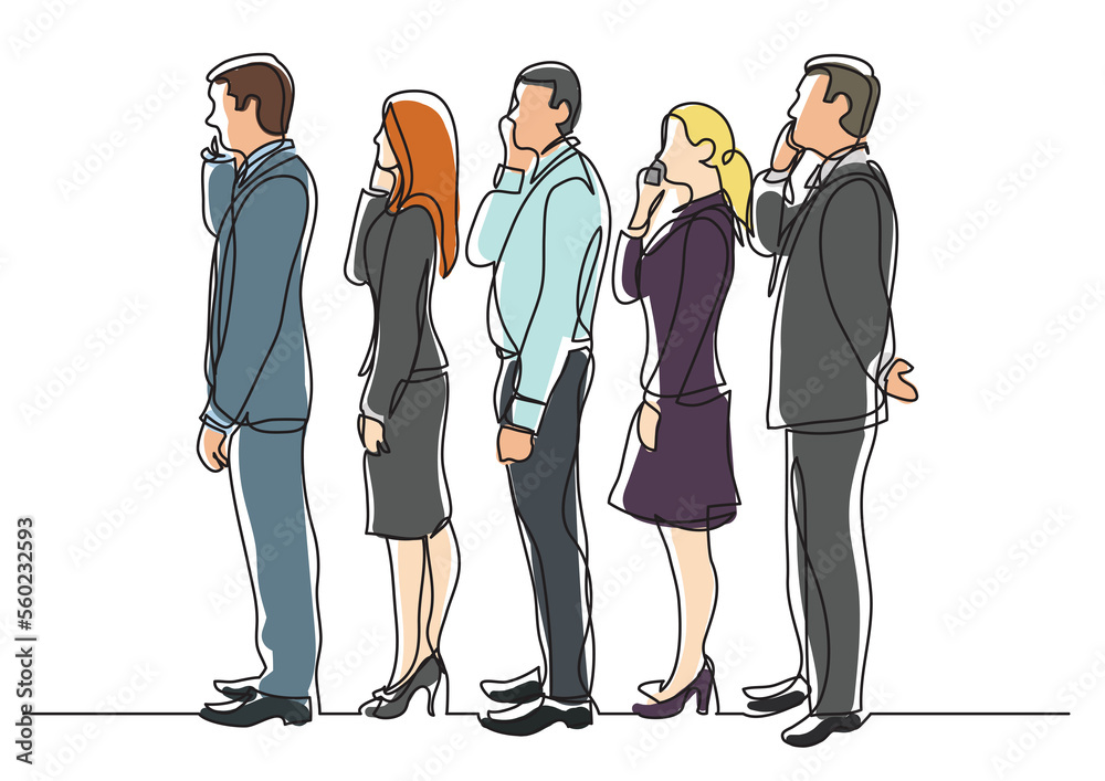 continuous line drawing office workers standing in line making phone ...