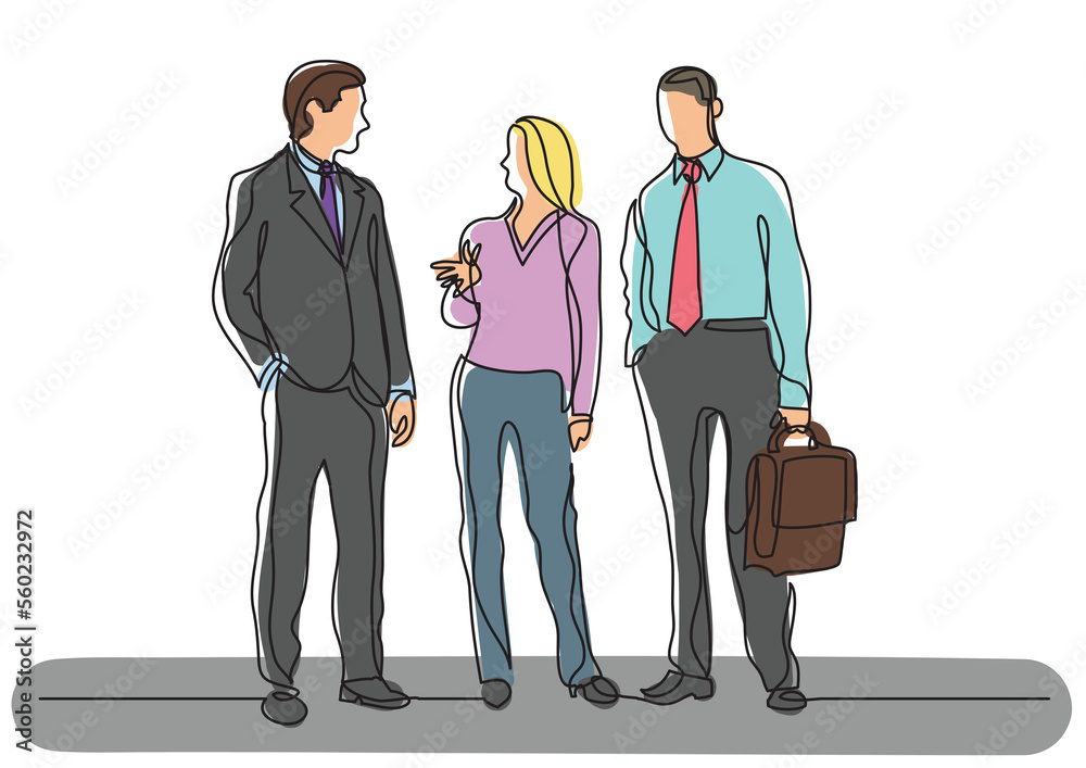 continuous line drawing three business professionals standing talking ...