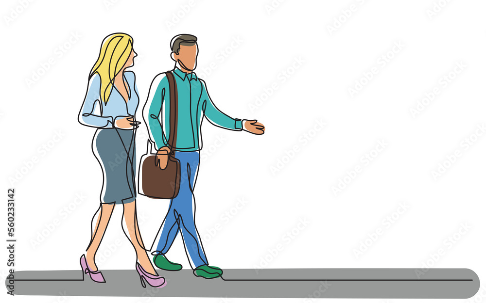continuous line drawing two co workers walking talking together - PNG ...