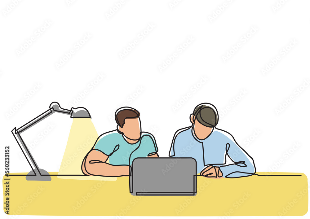 continuous line drawing two co workers working together with laptop ...