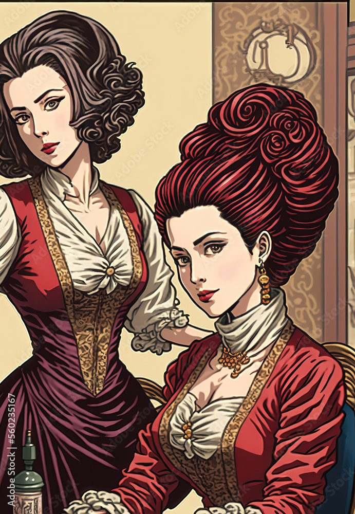 two beautiful women making their hair, stylize salloon in a classic ...