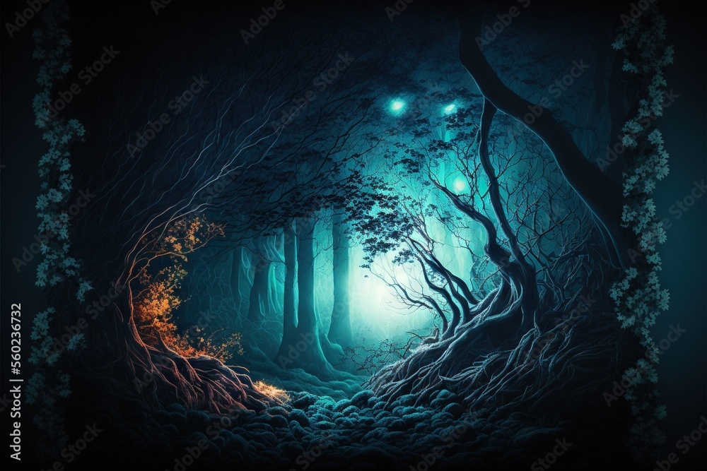 a painting of a forest with a light in the middle of it and a trail ...
