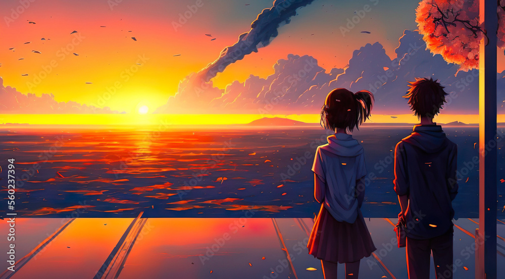 anime couple watching sunset together Stock Illustration | Adobe Stock