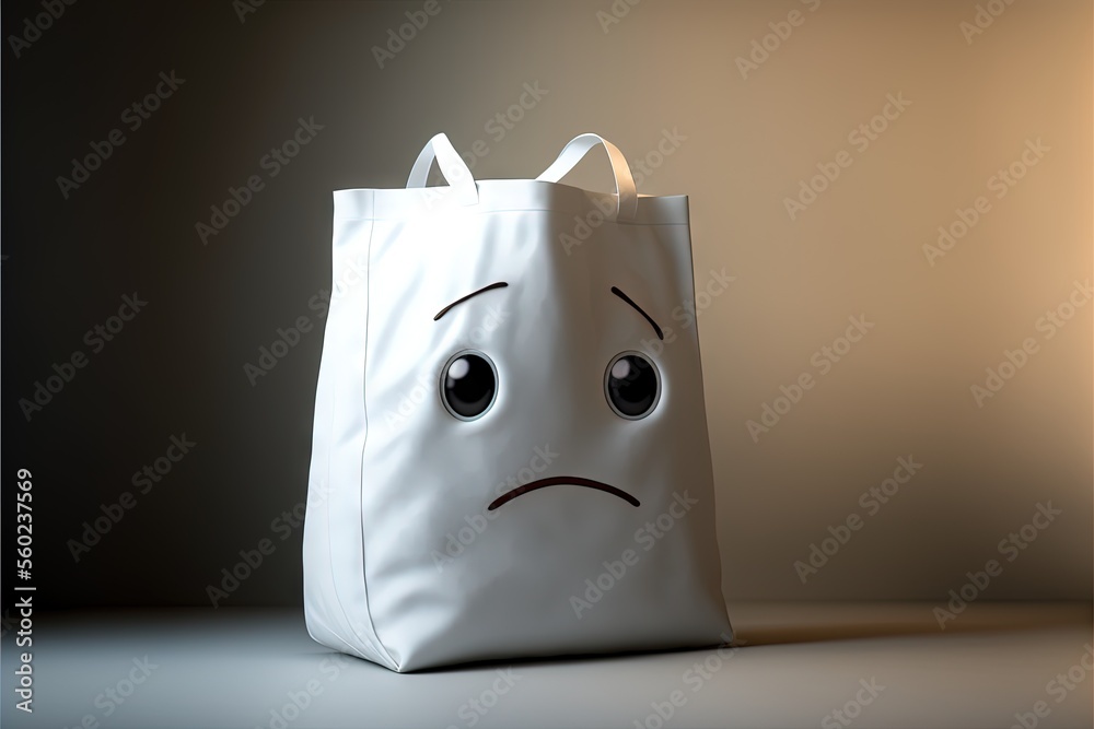 a sad bag with a sad face drawn on it's side and a light shining on the ...