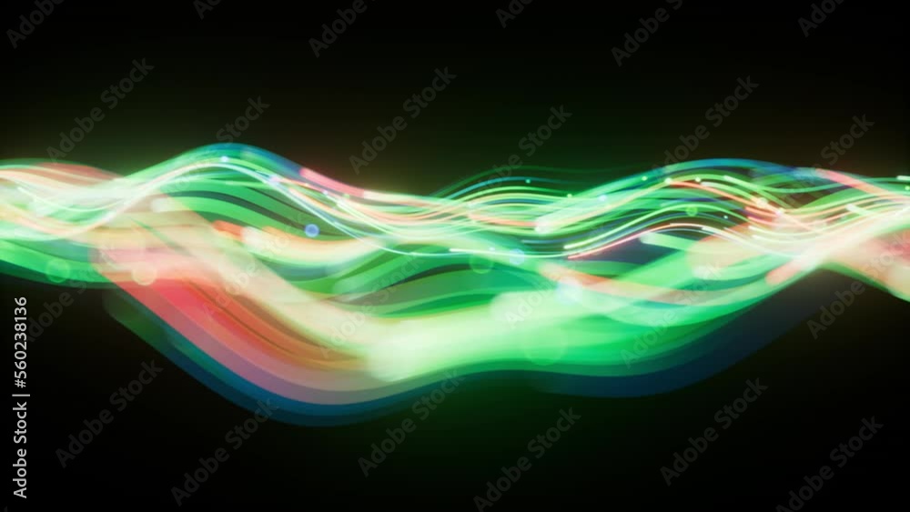 3d render, looping animation of glowing green neon wavy lines and bokeh ...