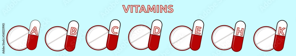 A set of icons for pill and capsules of a multivitamin complex ...