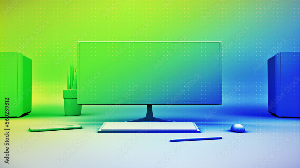 PC monitor 3D graphics, technology template. A minimal, colorful ...