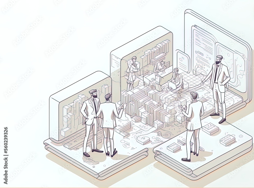 Line drawing of a company team, an isometric banner, and various ...