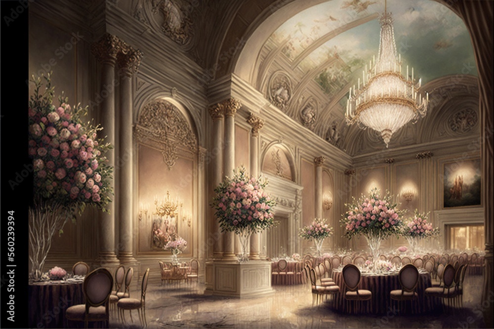 a painting of a fancy dining room with chandeliers and flowers on the ...