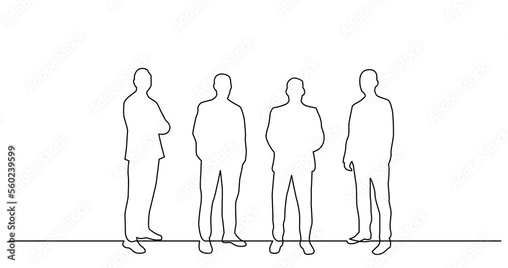 continuous line drawing of group of four men standing together - PNG ...