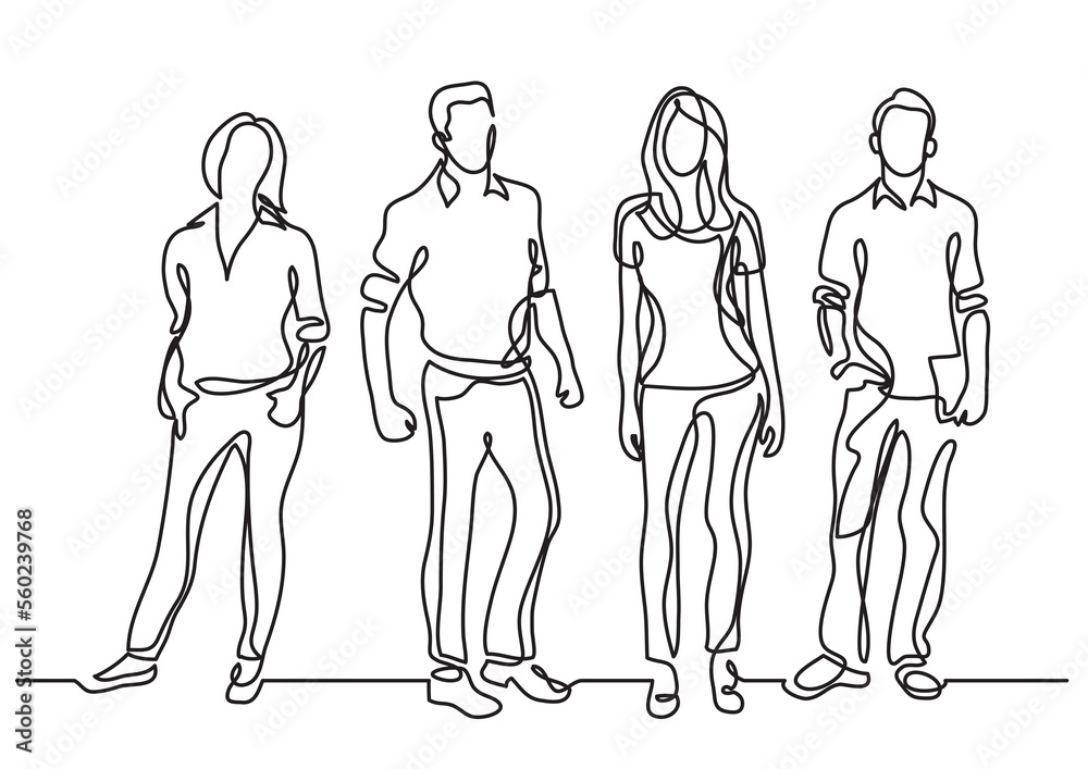 continuous line drawing standing young team members - PNG image with ...