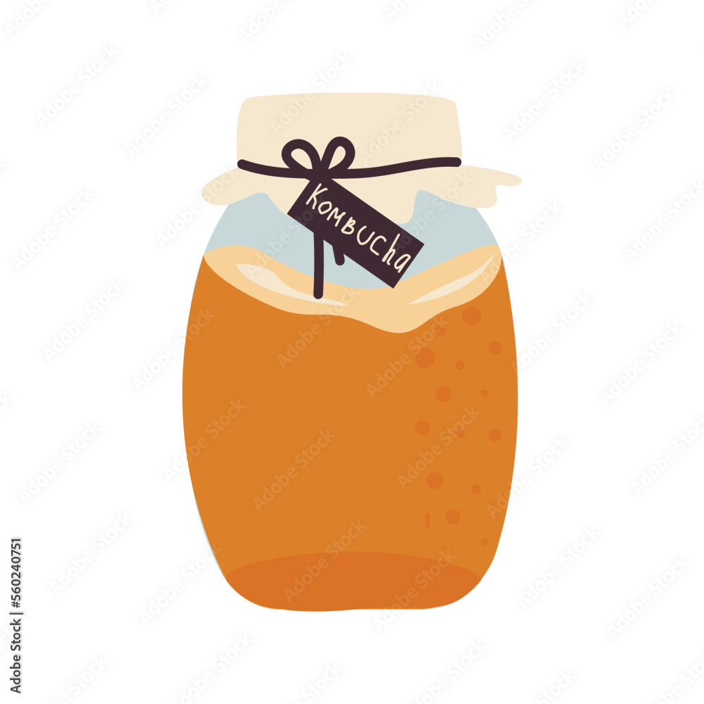Kombucha fermented tea in glass jar. Vector illustration flat cartoon ...