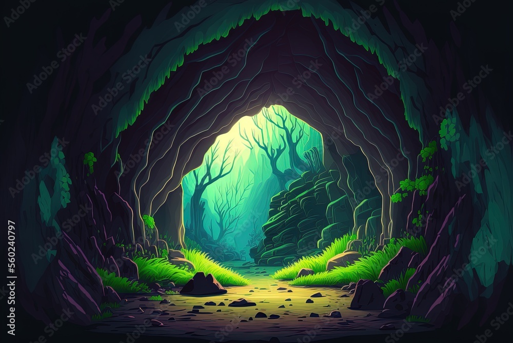 Green moss covers the rocks around the cave entrance in the mountain ...