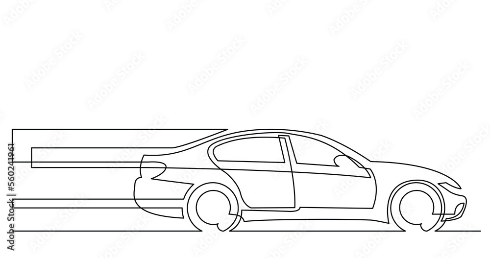 continuous line drawing of side view of modern sedan car driving fast ...