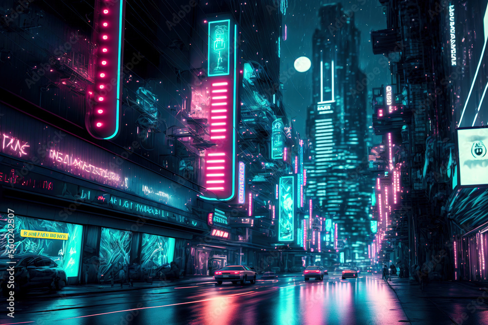 Futuristic city street in a cyberpunk style. Concept for night life ...