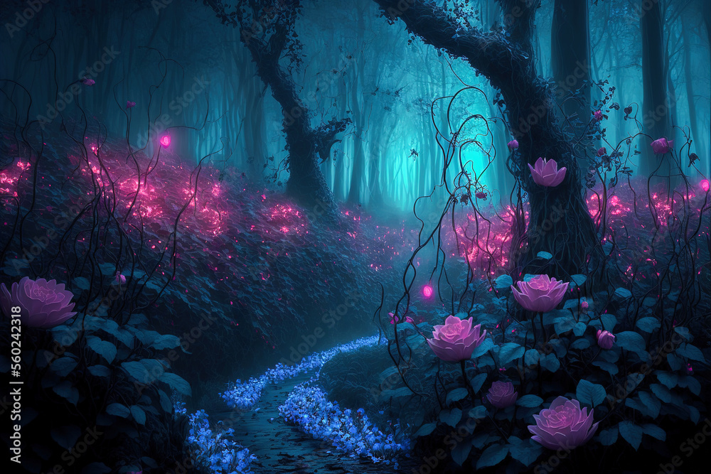 Fantasy fairy tale background with forest and blooming pink rose path ...