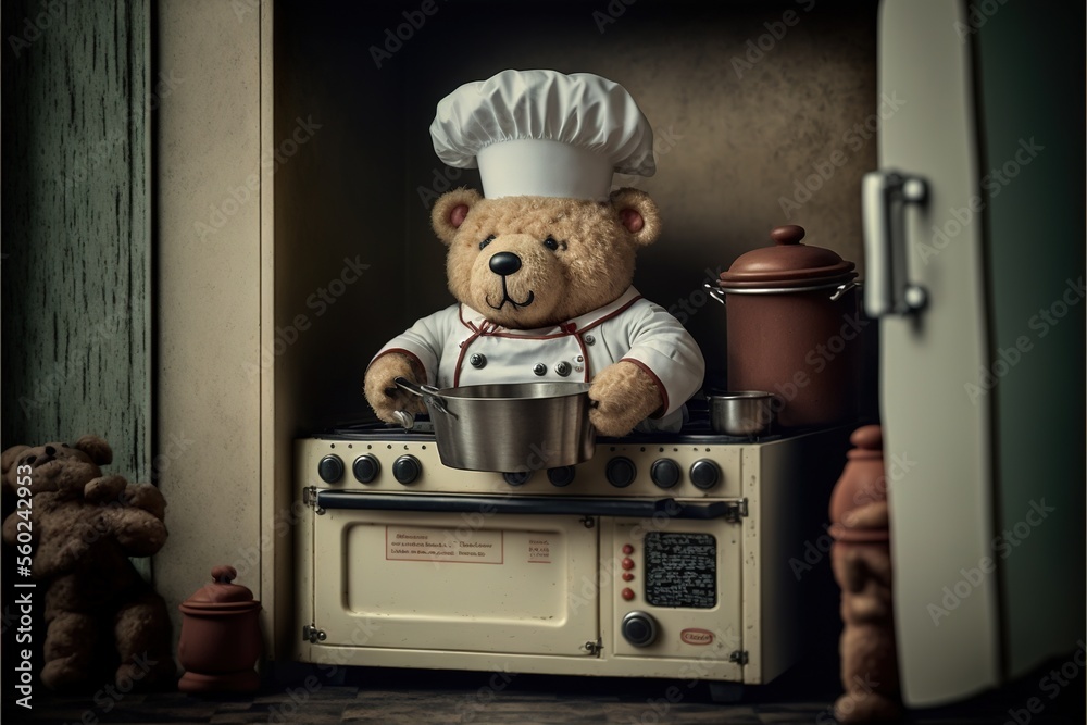 a teddy bear is cooking in a kitchen with a pot on the stove and a ...