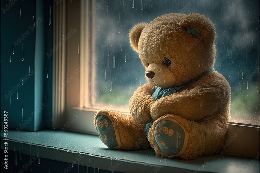 a teddy bear sitting on a window sill in the rain with a blue ribbon ...