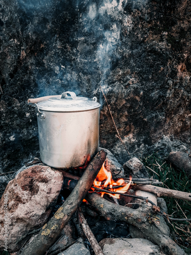 Cooking in a pot over the campfire. The concept of adventure, travel ...