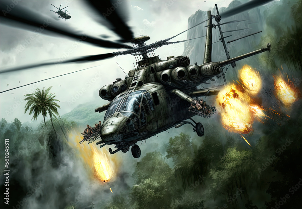 Helicopter gunship rains down missile and machine gun fire. Action ...