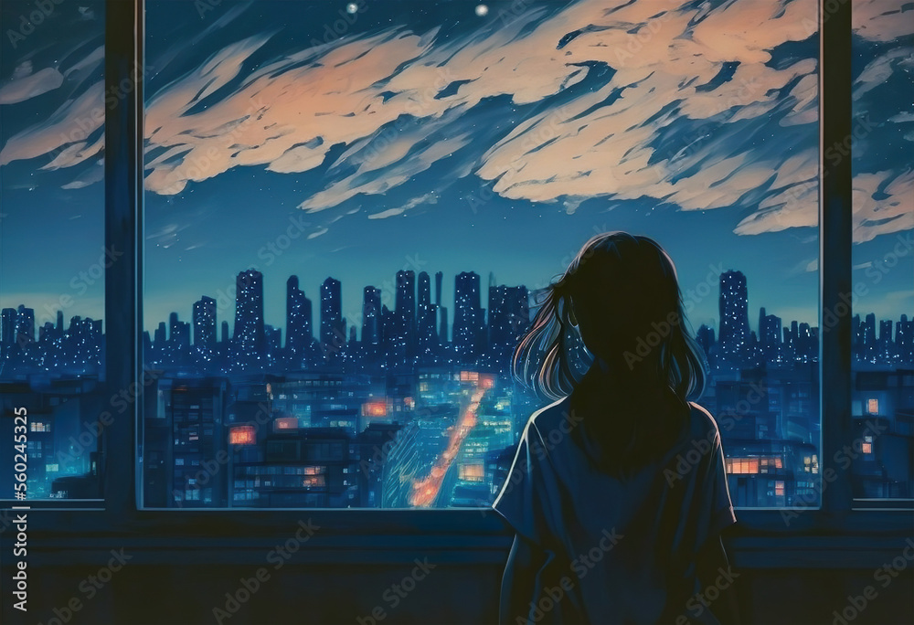 anime girl standing alone watching the night city sky ilustração do ...
