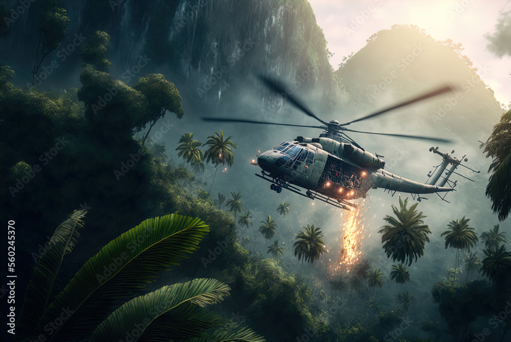 Helicopter gunship rains down missile and machine gun fire. Action ...