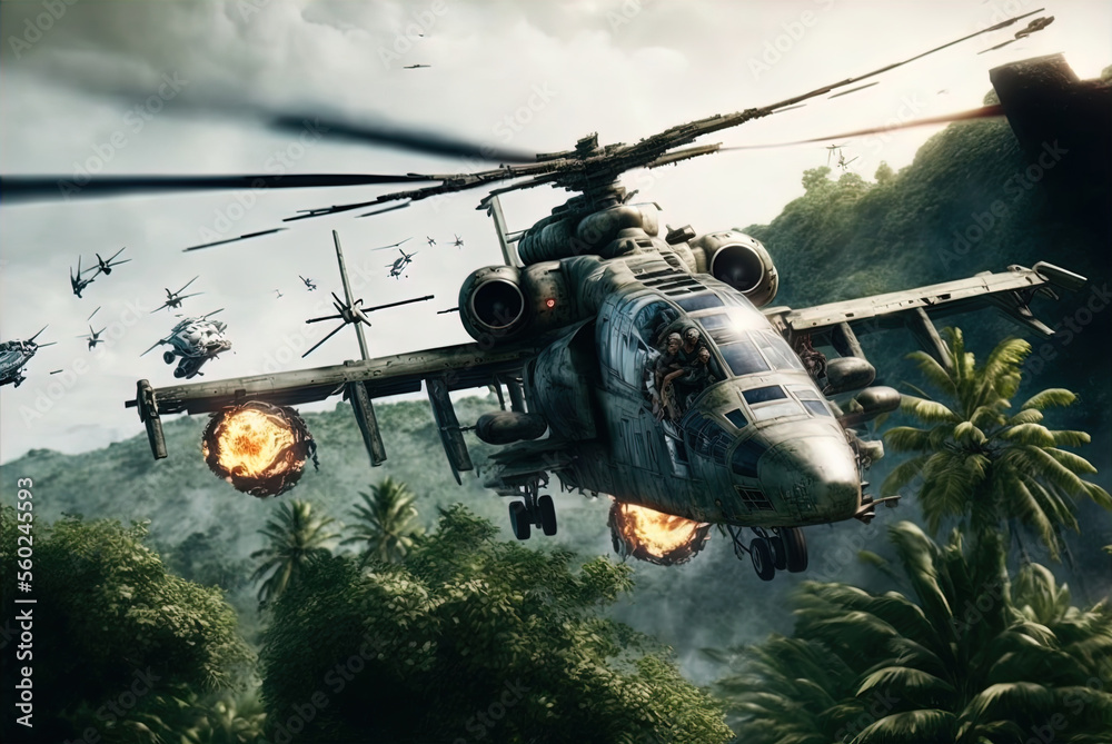 Helicopter gunship rains down missile and machine gun fire. Action ...